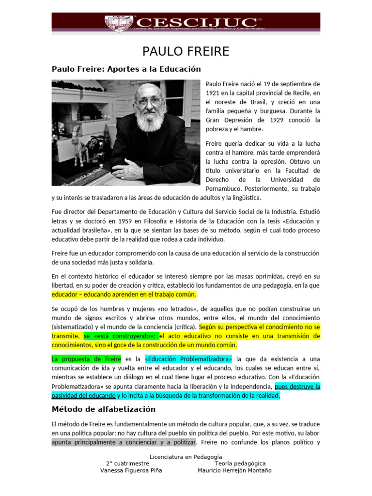 Aportes de Paulo Freire a la Educación | PDF | Educación en artes liberales