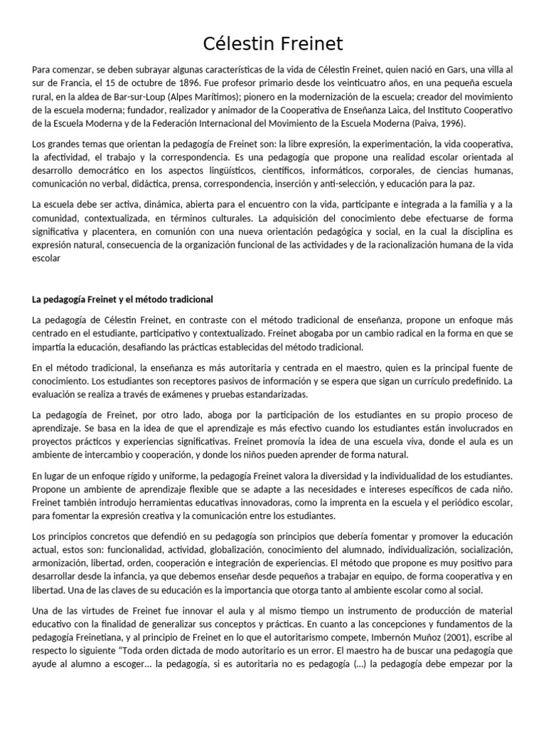 Célestin Freinet Pedagogia | PDF | Escuelas | Pedagogía