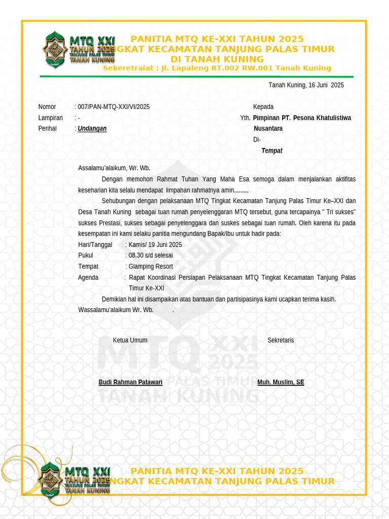 Undangan Rapat MTQ Tanjung Palas Timur | PDF