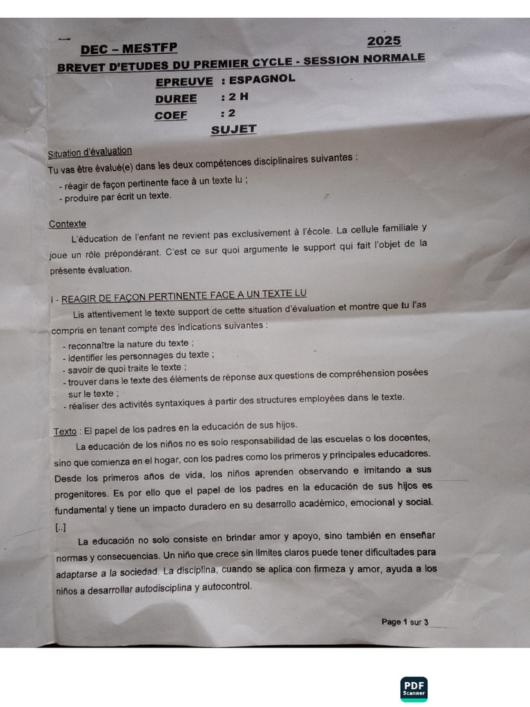 Épreuve D'espagnol BEPC 2025 | PDF