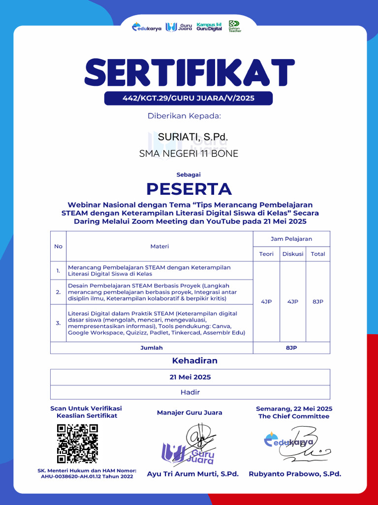 SURIATI, S.pd. Sertif Webinar Mei 2025 - 091255 | PDF