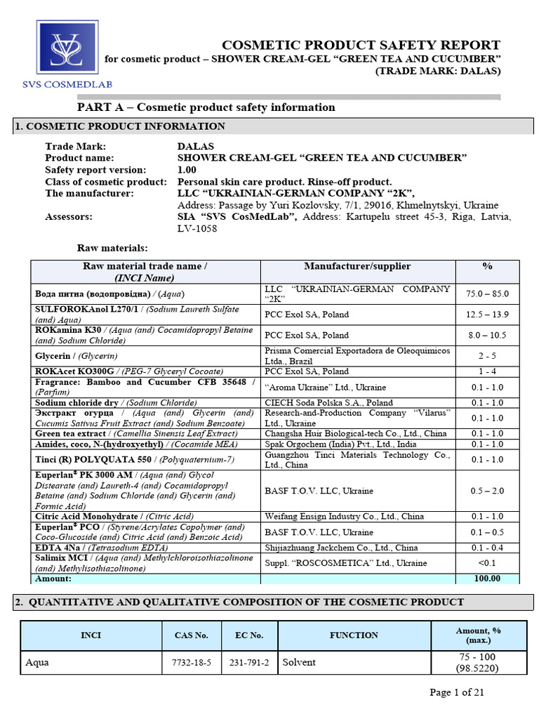 Shower Cream-Gel Safety Report | PDF | Toxicity | Chemical Compounds