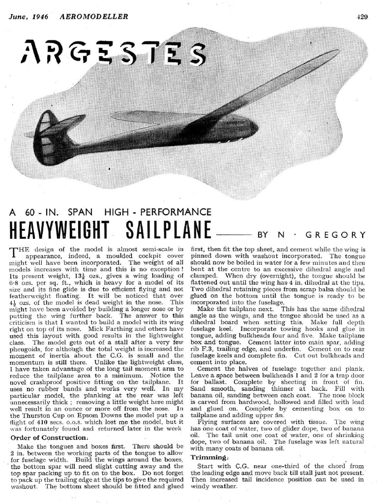 Argestes. 60 Sailplane Article&plan. Aeromodeller June 1946 | PDF ...