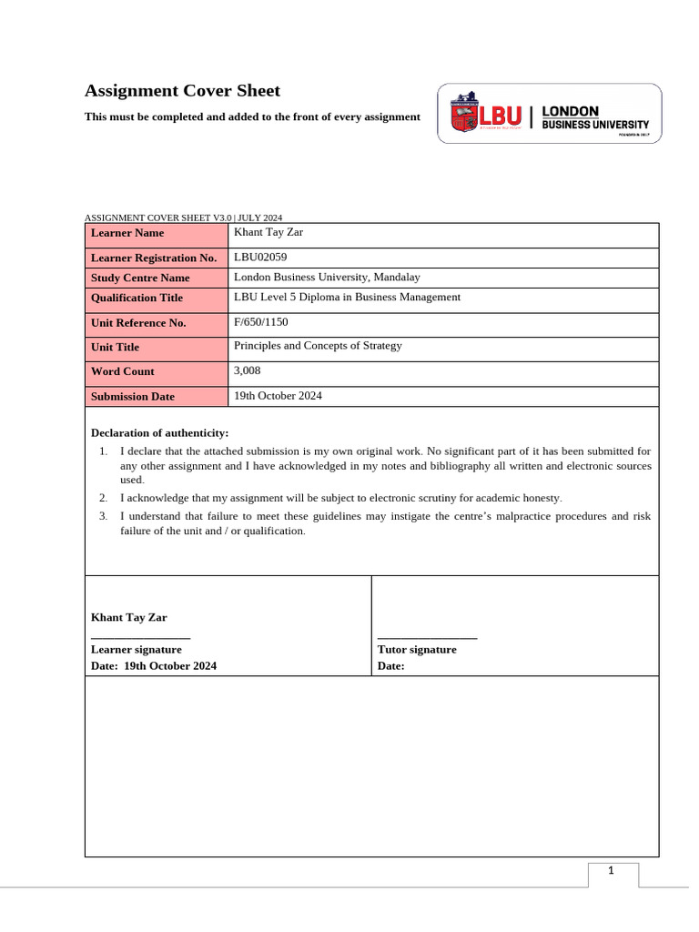 Business Strategy Assignment Cover Sheet | PDF | Strategic Management ...