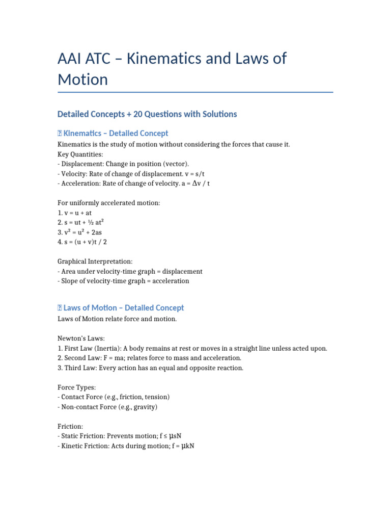 AAI ATC Kinematics Laws of Motion | PDF | Force | Acceleration