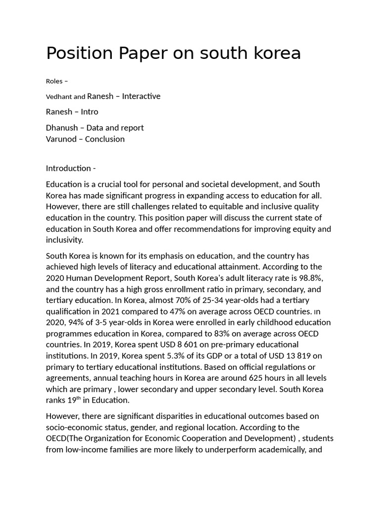 Position Paper On South Korea | PDF | Literacy | Early Childhood Education