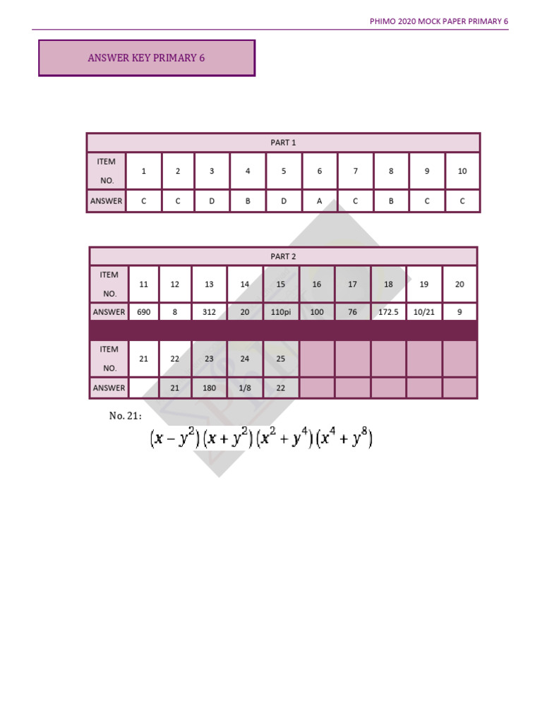 PHIMO 2020 Primary 6 Mock Paper Answers | PDF