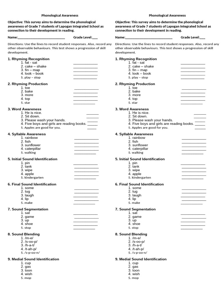 Grade 7 Phonological Awareness Survey | PDF | Chess Openings | Chess