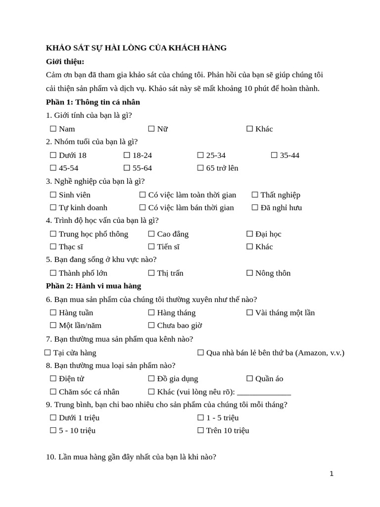 BCH 1 Customer Satisfaction Survey | PDF