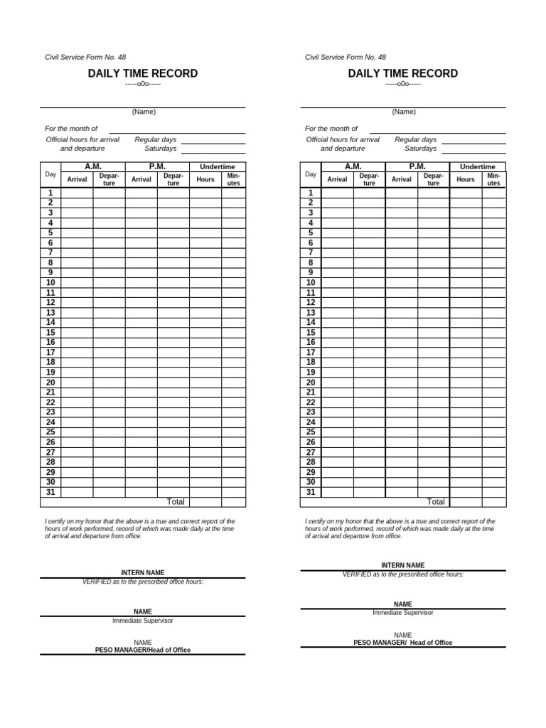 CSC Form No. 48 DTR Template | PDF