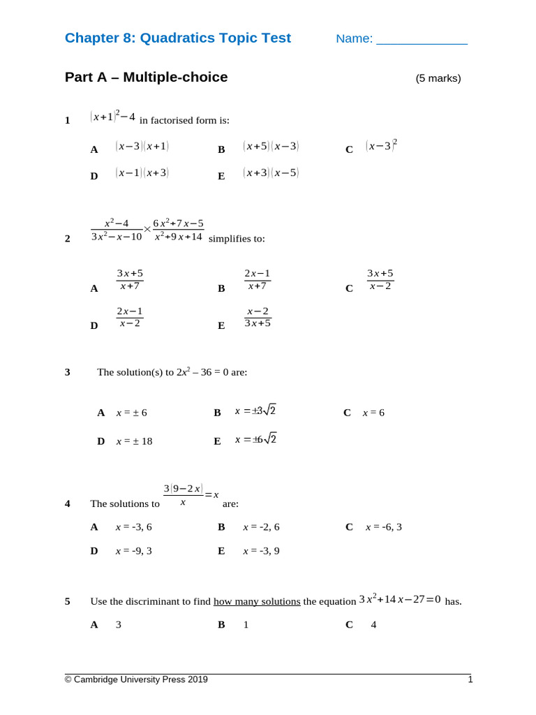 Quadratics Topic Test Overview | PDF | Quadratic Equation | Area