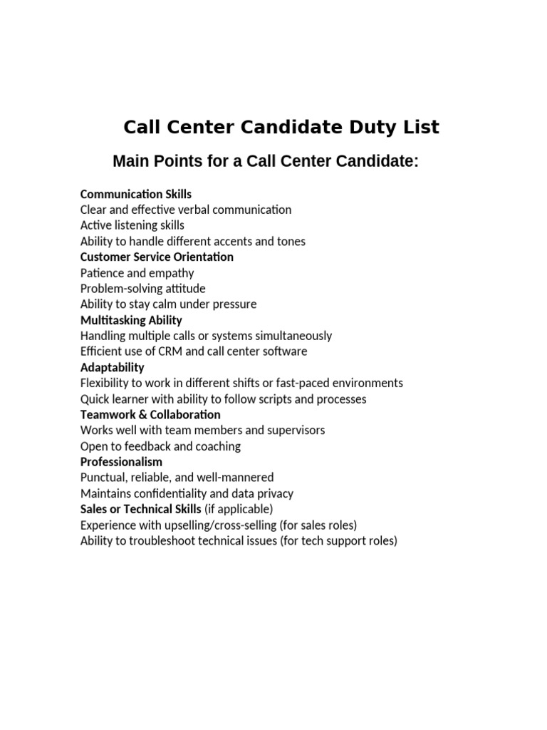 Call Center Candidate Duty List | PDF