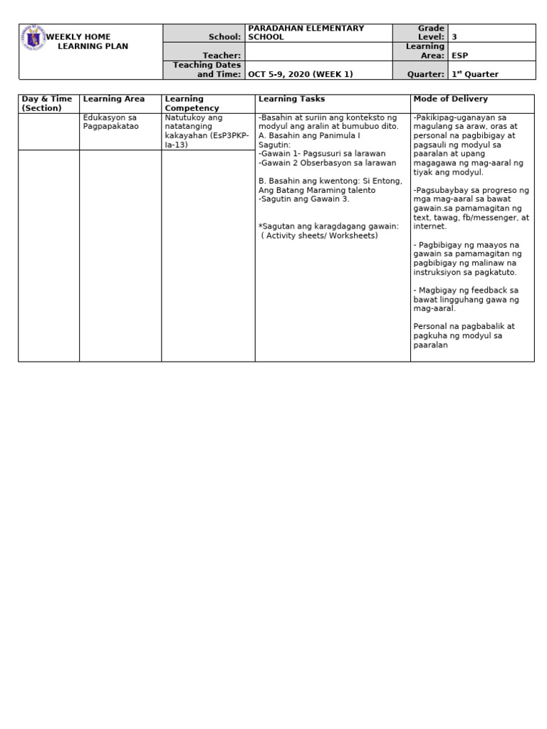 ESP Grade 3 Weekly Home Learning Plan Q1 WK1 | PDF