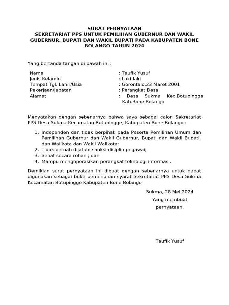 Surat Pernyataan Calon Sekretariat PPS 2024 | PDF