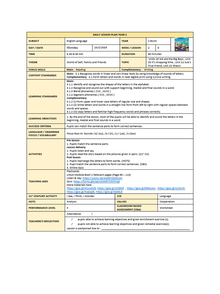Daily Lesson Plan Year 2 Bijak | PDF | Learning | Human Communication