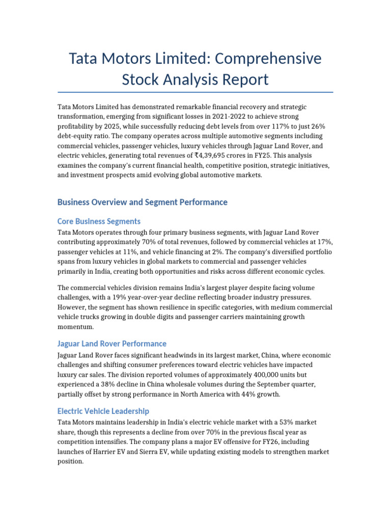 Tata Motors Stock Analysis Report | PDF | Investing | Valuation (Finance)