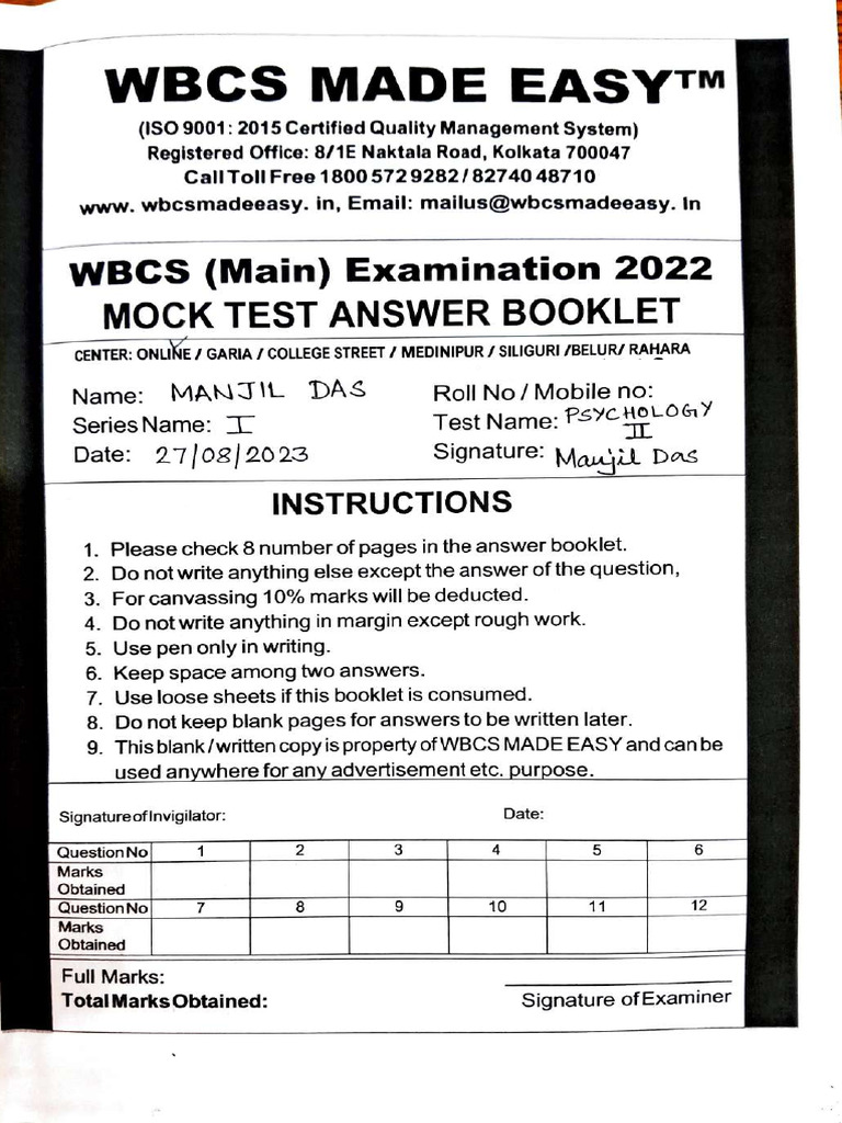 Manjil Das Psychology Paper 2 Wbcs-Made-Easy | PDF