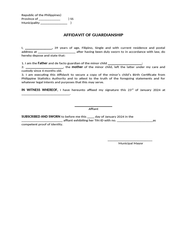 AFFIDAVIT of GUARDIANSHIP Sample | PDF