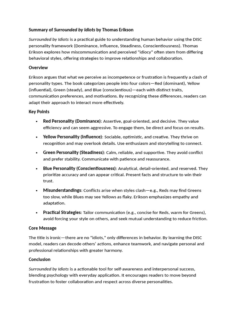 Summary of Surrounded by Idiots by Thomas Erikson | PDF