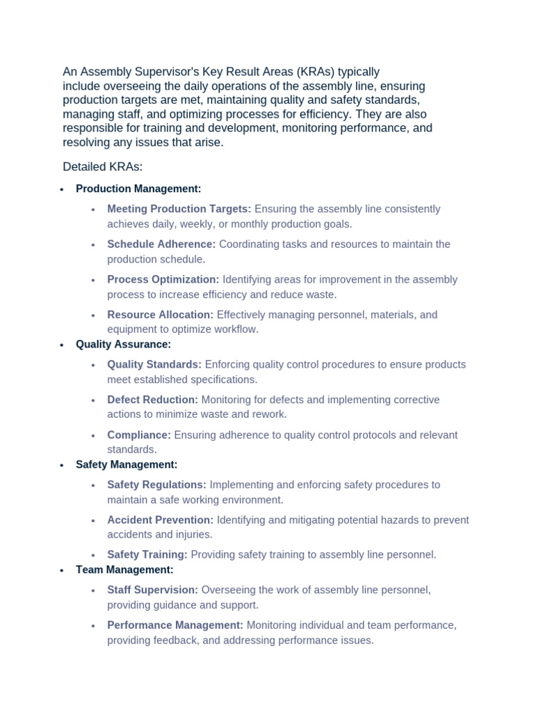 Assembly Supervisor Key Result Areas | PDF | Safety | Occupational ...