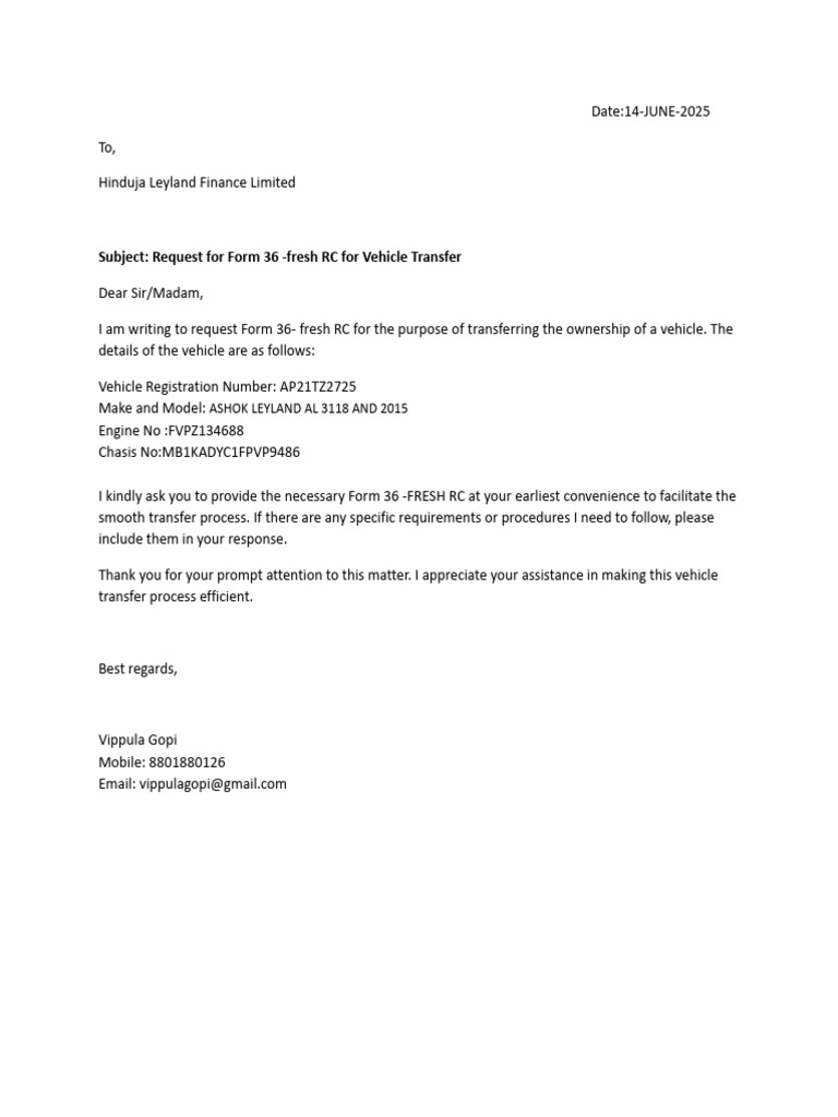Request Letter For Fresh RC - Ap21tz2725 | PDF