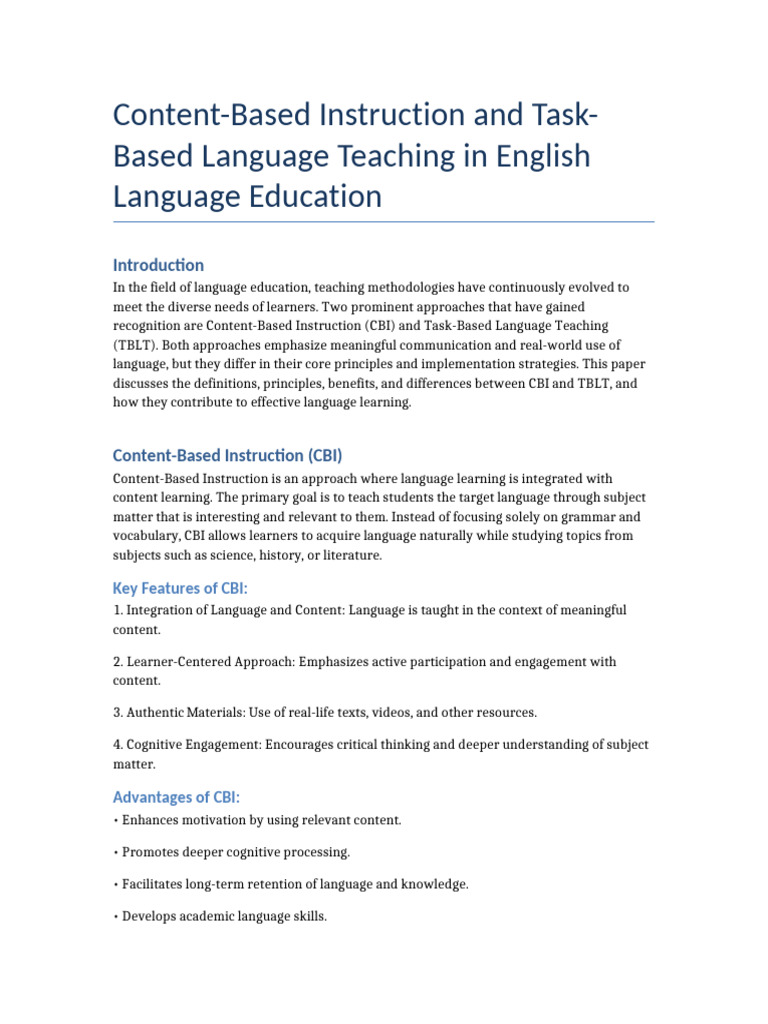Content-Based Instruction and TBLT | PDF | Intelligence | Applied Linguistics