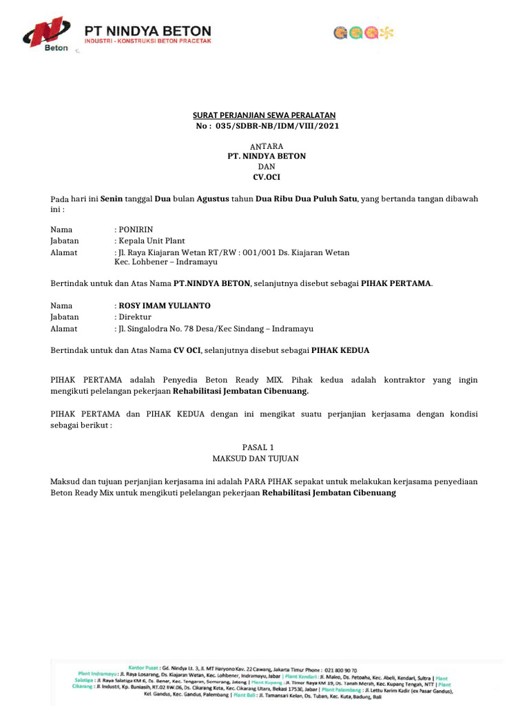 Draf Surat Perjanjian Sewa Peralatan CV - Oci | PDF