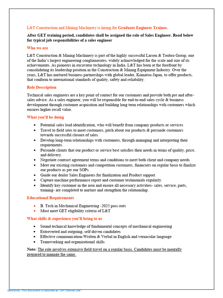 Job Description-GET (Sales Engineers) | PDF | Sales | Engineering