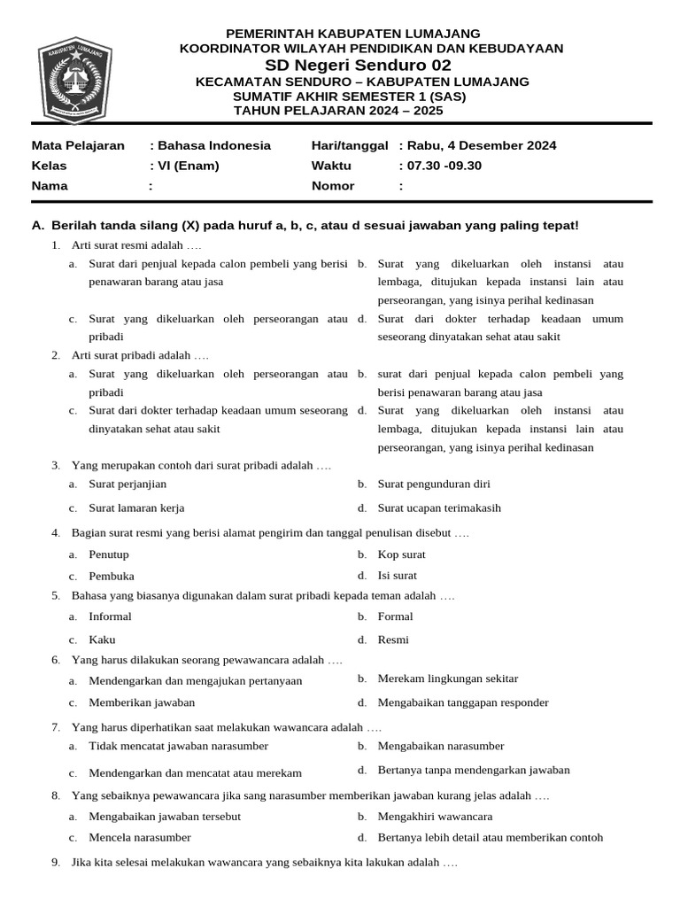 SAS Ganjil Bhs. Indonesia Kelas 6 | PDF