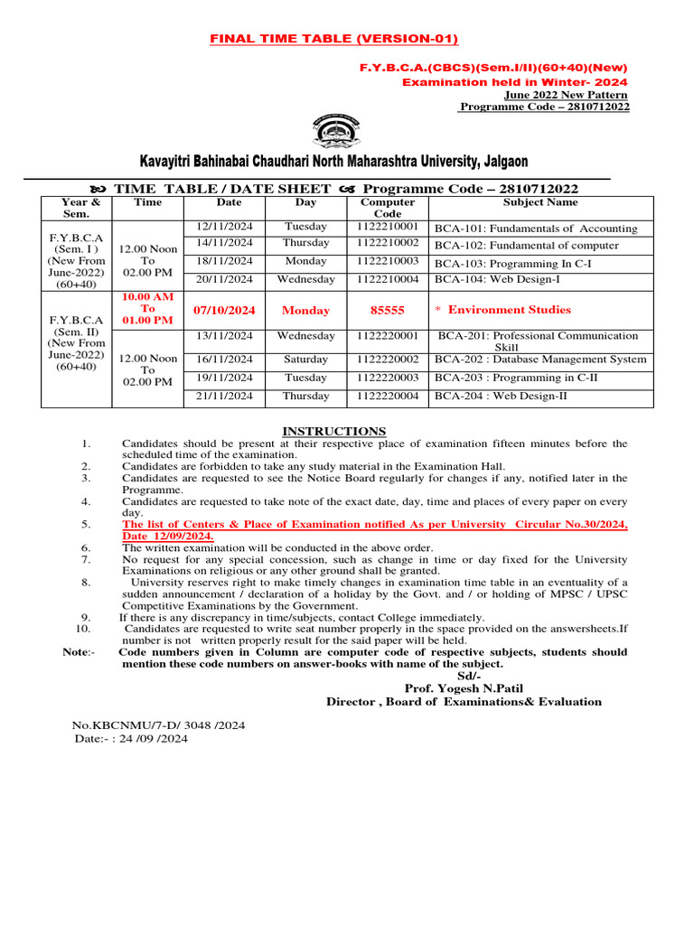 Final Time Table (Version 01) of FYSYTY BCA June 2022 Pattern EXAM - To ...