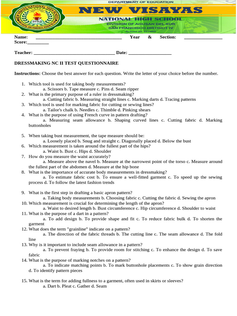 2nd Sem First Quarter Exam Dressmaking 11 | PDF | Seam (Sewing) | Sewing