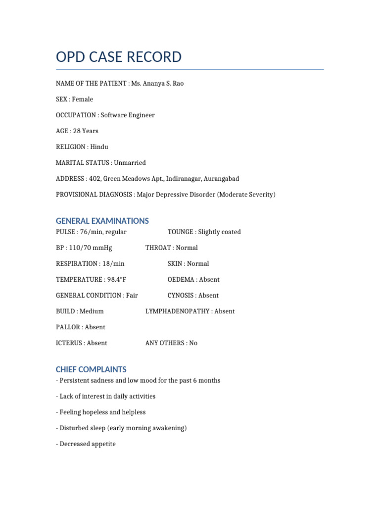 Psychiatric OPD Case Record | PDF | Major Depressive Disorder | Medical Specialties