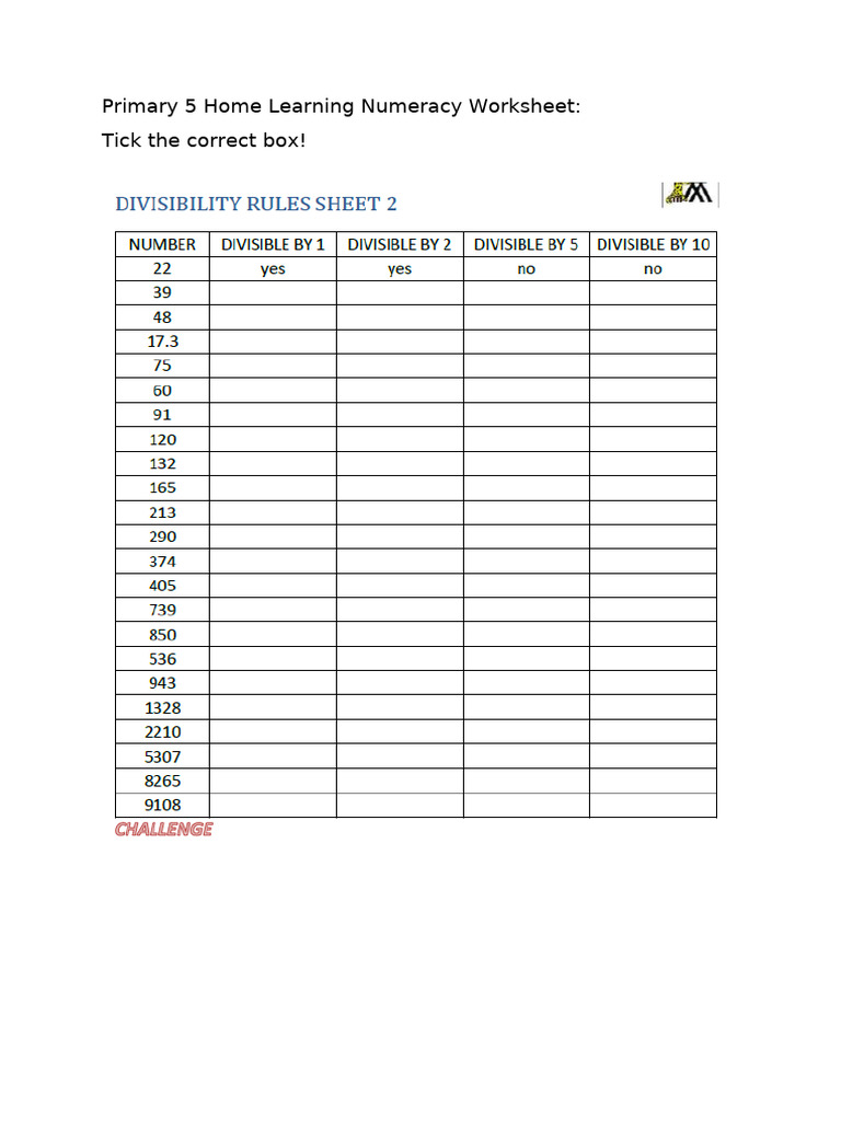 Primary 5 Home Learning Numeracy Worksheet | PDF