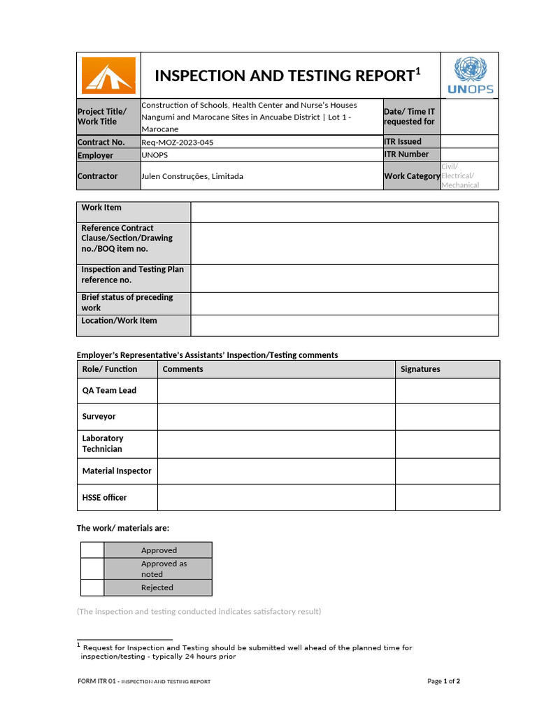 FORM ITP - Inspection and Testing Report | PDF
