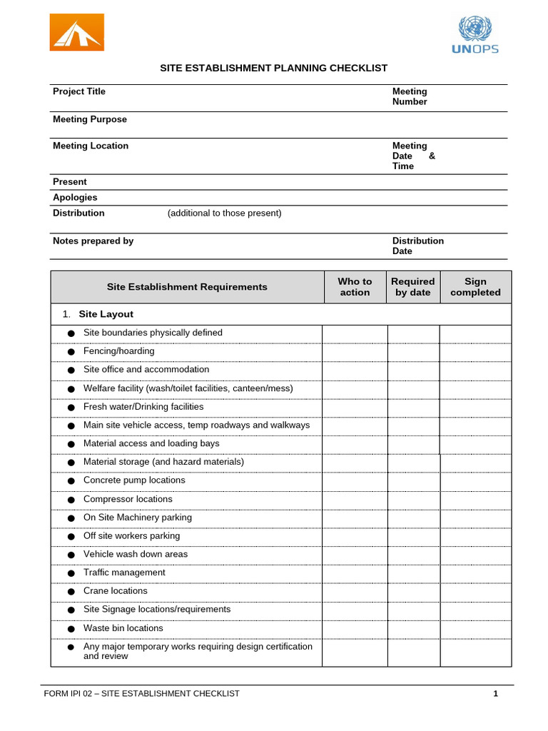 Site Establishment Planning Checklist | PDF