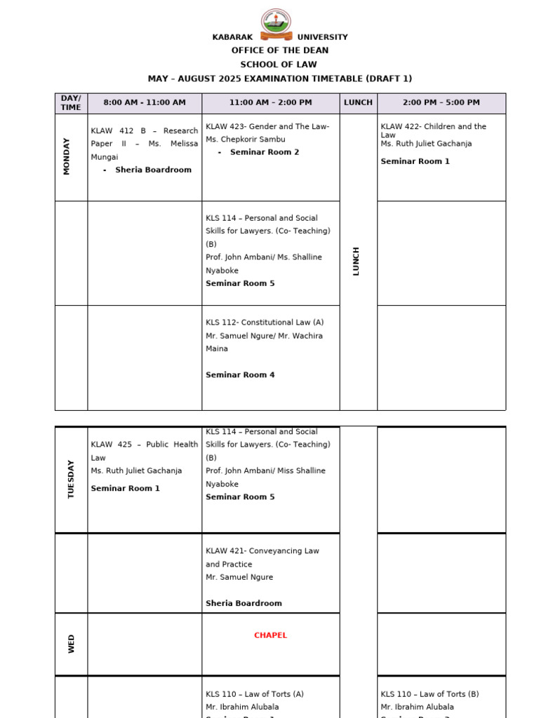 Sch. of Law - May-August 2025 Draft Timetable | PDF | Justice | Crime & Violence