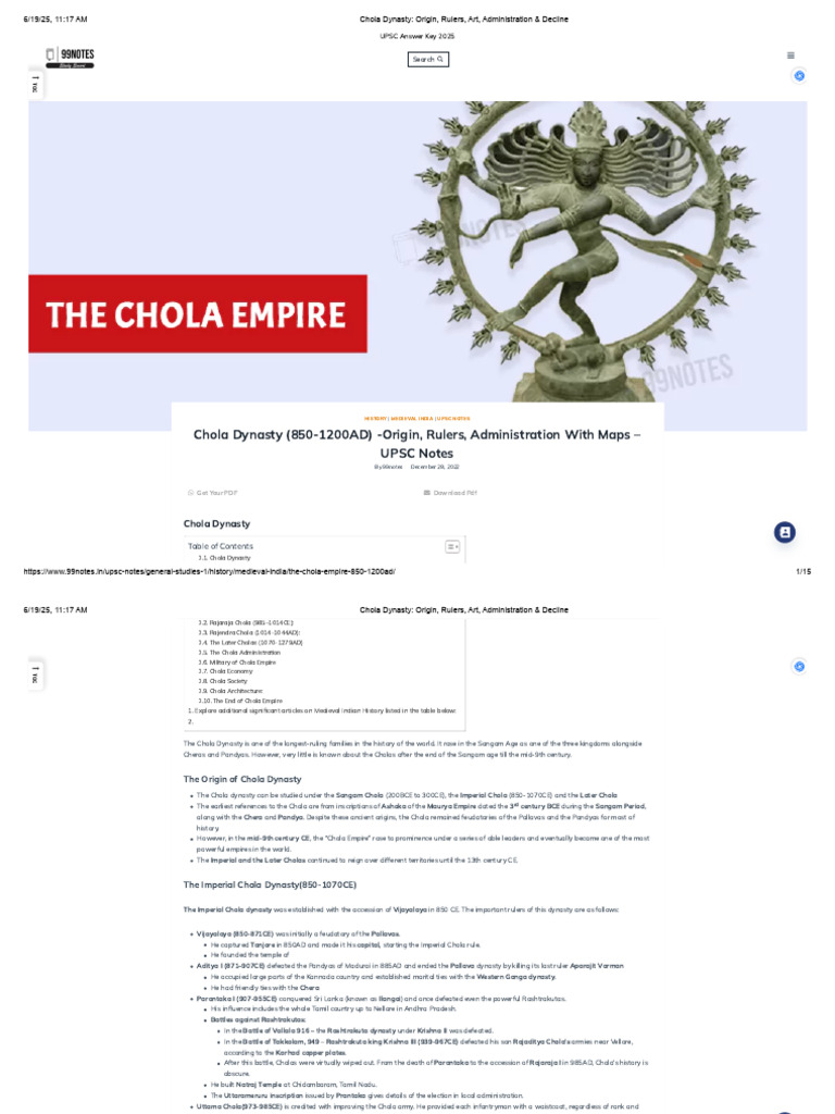 Chola Dynasty Origin, Rulers, Art, Administration & Decline | PDF