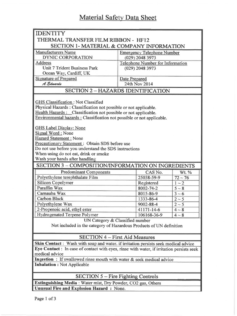 Material Safety Data Sheet - HF12 | PDF