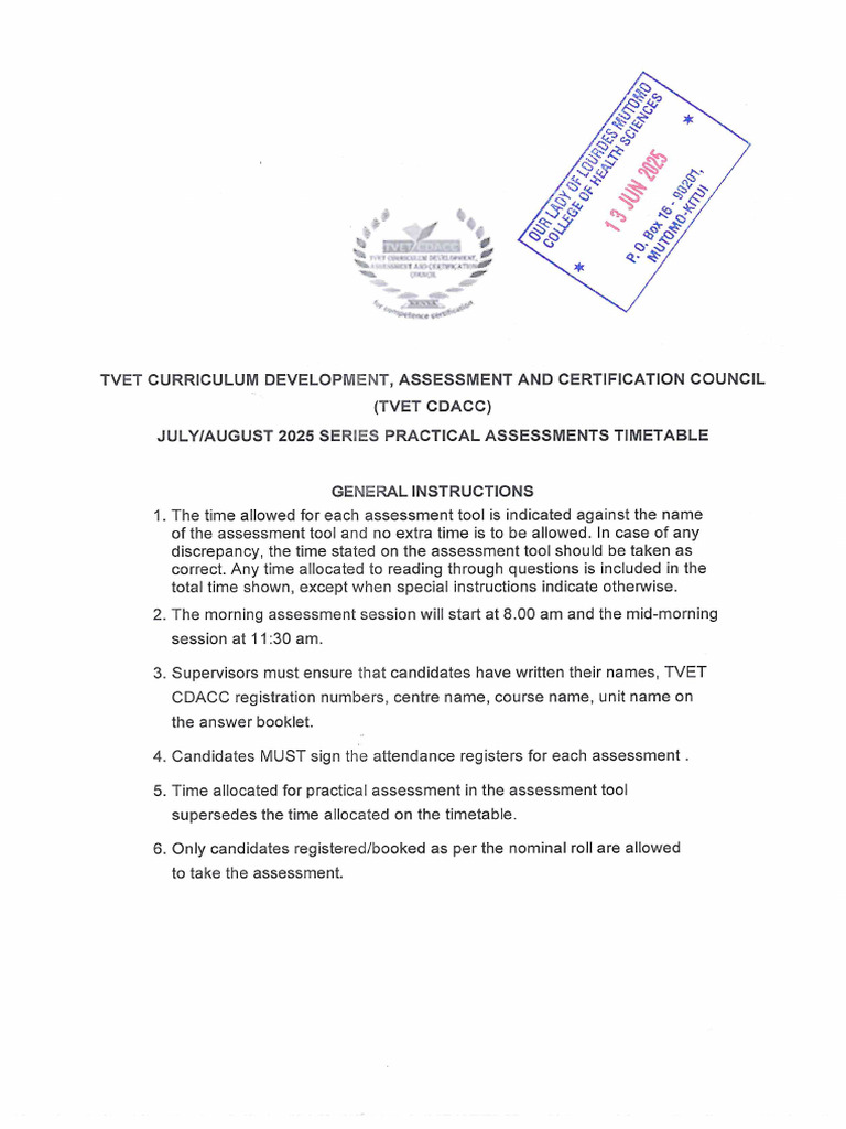 Ollmchs July August 2025 Tvet Cdacc Practical Assessments Timetable | PDF