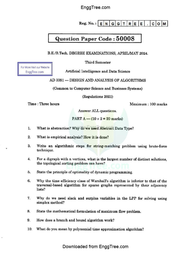 Ad3351 Design And Analysis Of Algorithms Apr May 2024 Question Paper Download Pdf
