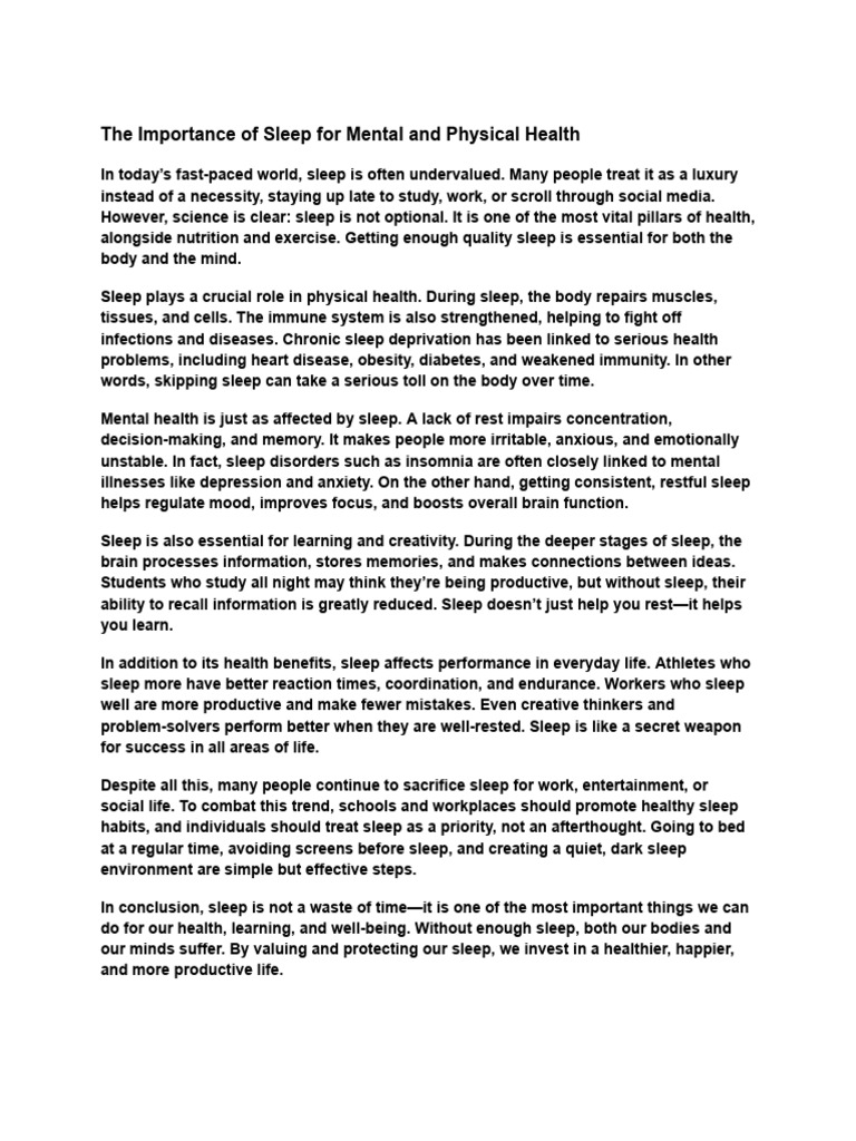 The Importance of Sleep For Mental and Physical Health | PDF | Sleep ...