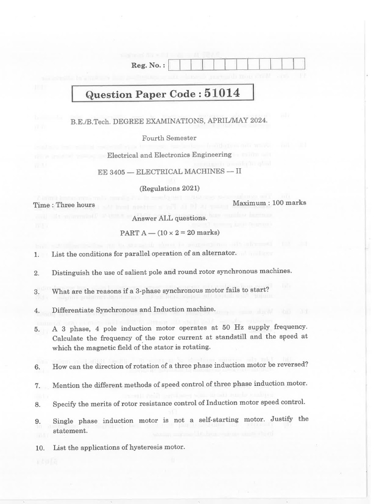 Electrical Machines II - EE3405 2021 Regulation - Semester Question ...