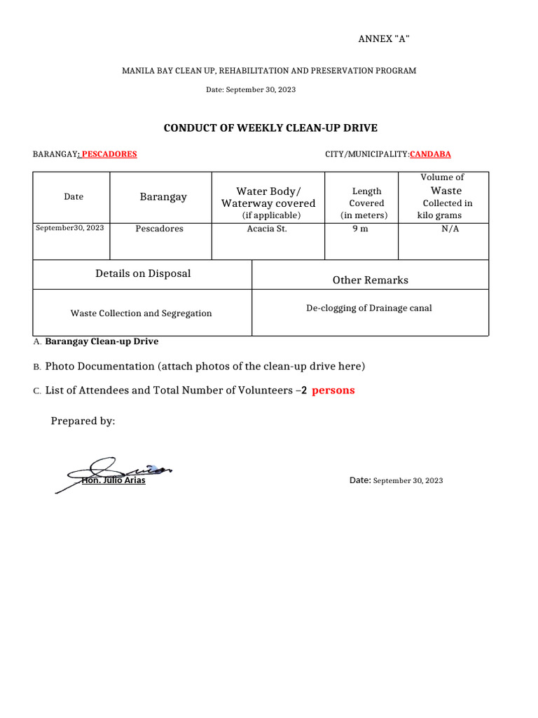 Weekly Clean Up Drive September 30, 2023 | PDF