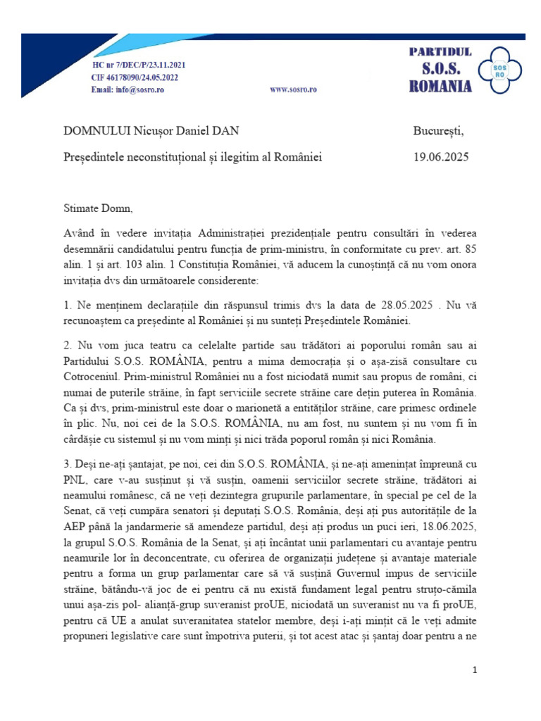 Raspuns Catre Cotroceni Invitatie 19.06.2025 Signed | PDF