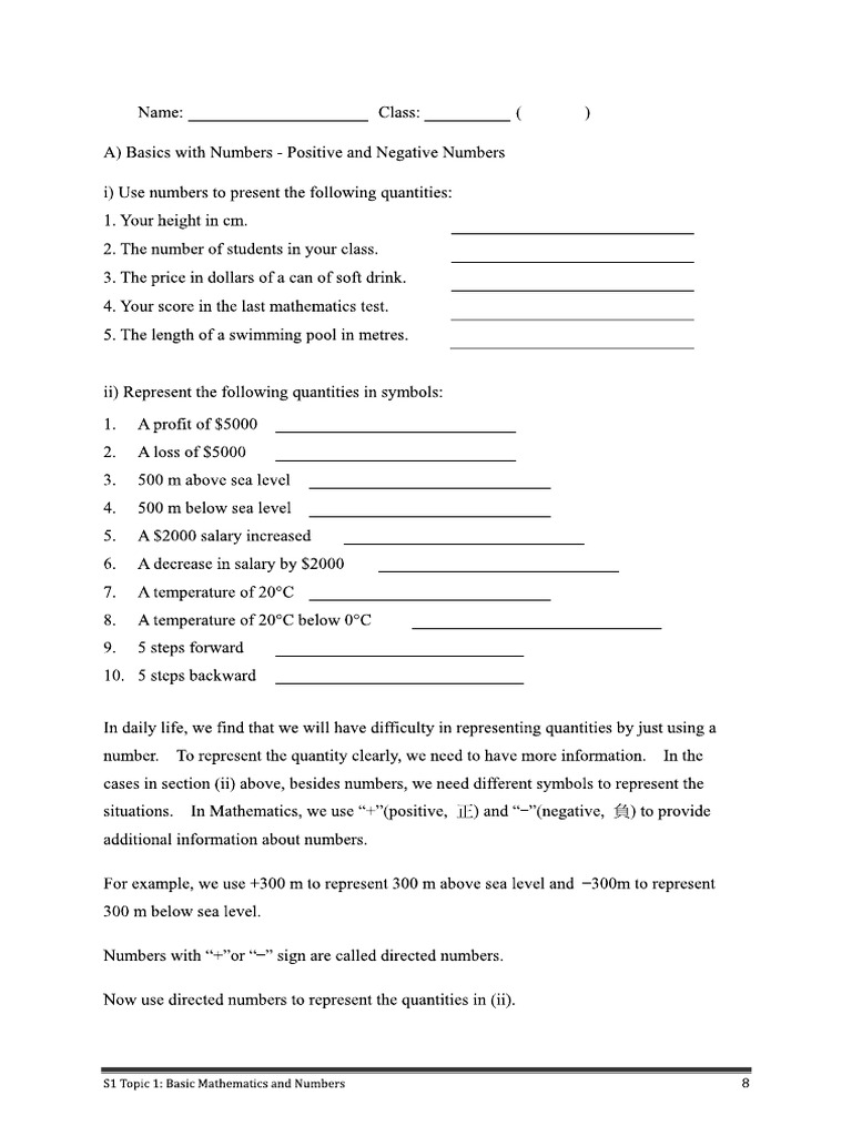 Week 43 - S1 Ch.2 Directed Numbers Handout | PDF