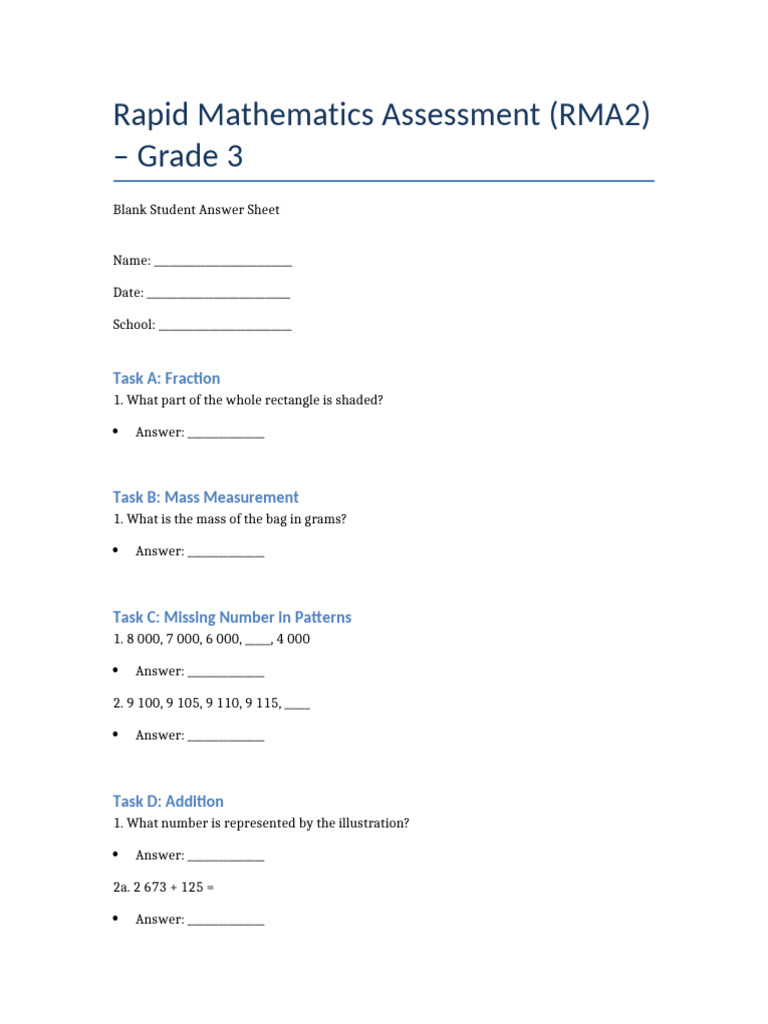 RMA2 Grade3 Blank Answer Sheet | PDF