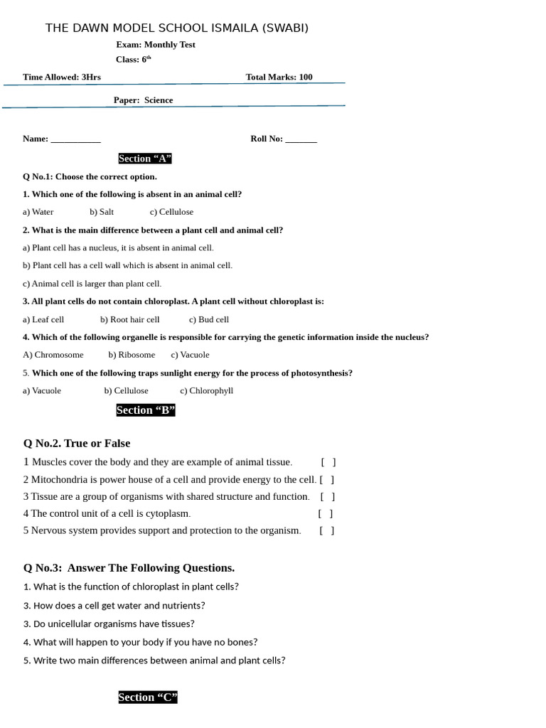 Question Paper 6th CLASS Science | PDF