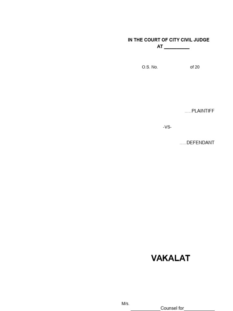 City Civil Court Vakalatnama Format | PDF