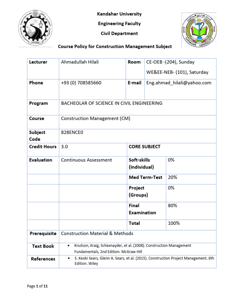 Construction Management Course Policy | PDF | Lecture | Engineering