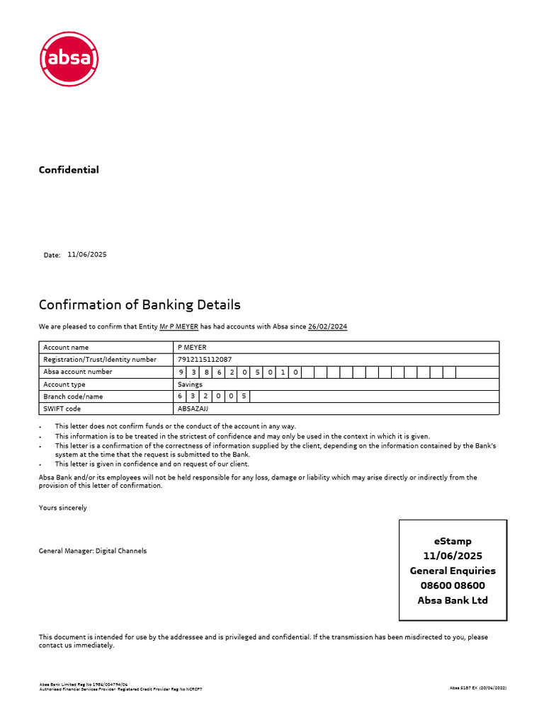 Absa Bank Confirmation of Banking Details | PDF
